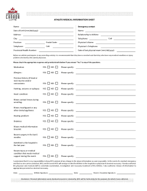 Fillable Online ATHLETE MEDICAL INFORMATION SHEET Fax Email Print ...
