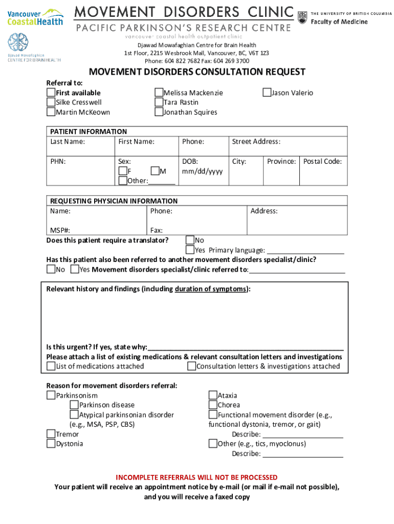 Fillable Online MOVEMENT DISORDERS CONSULTATION REQUEST Fax Email Print - pdfFiller