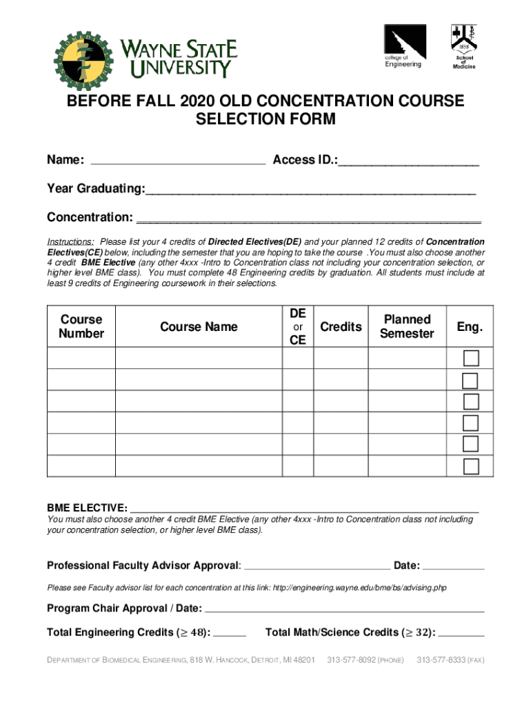 Fillable Online engineering wayne Pre Fall 2020 concentration course ...