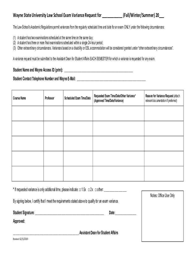 Fillable Online law wayne EXAM VARIANCE REQUEST - Wayne Law Fax Email ...