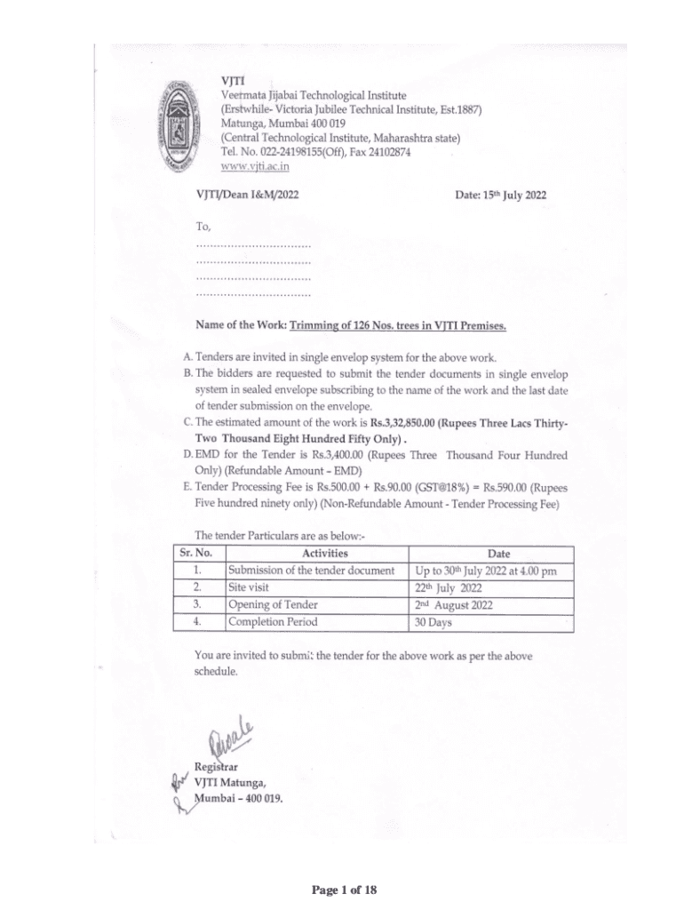 Fillable Online invitation of tender for trimming of 126 nos. trees in vjti premises. Fax Email ...