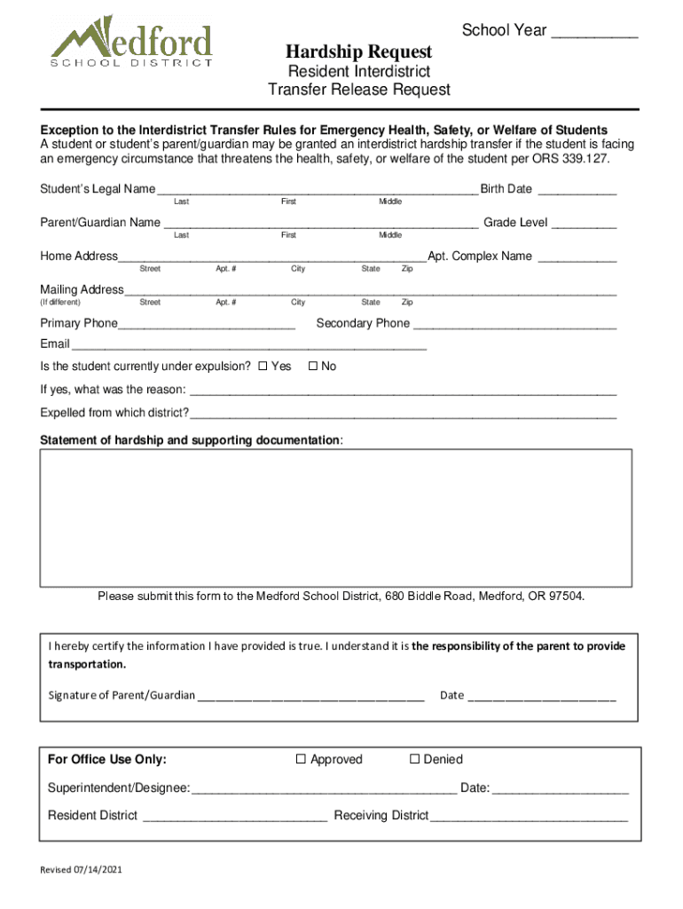 Fillable Online Hardship Request - Medford School District Fax Email ...