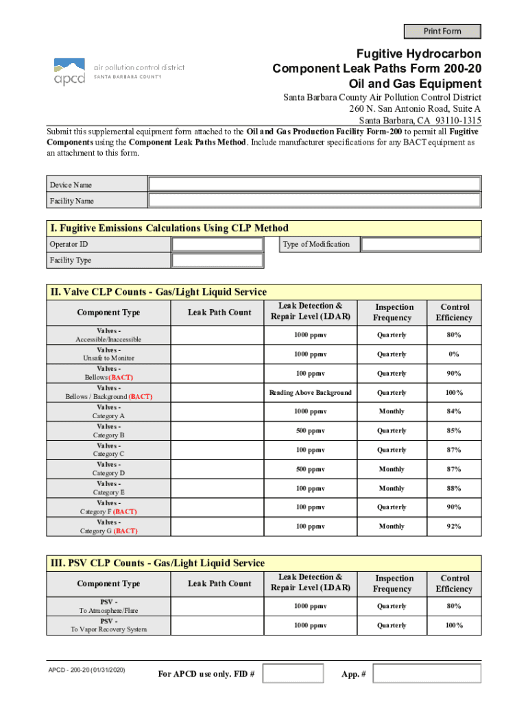 Fillable Online APCD Form 200-20. Fugitive Hydrocarbon Application Form ...