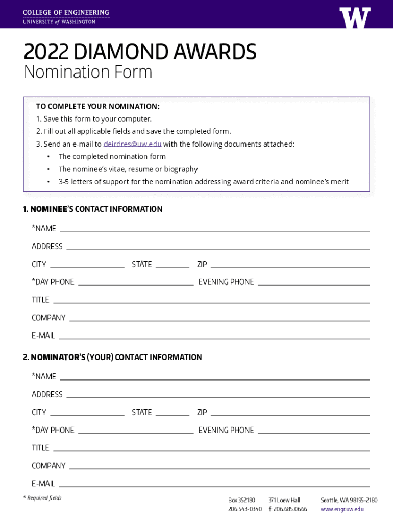 Fillable Online Diamond Service Awards Nomination Form - Bloomington ...