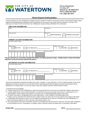 Fillable Online Direct Deposit Authorization - City of Watertown Fax ...
