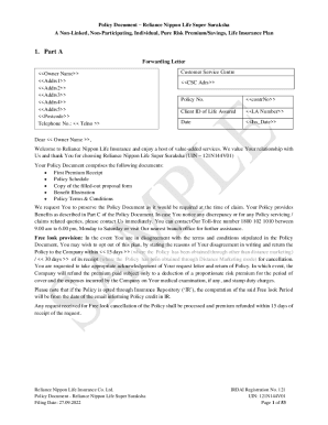 Fillable Online Reliance Nippon Life Super Bachat Plus Suraksha Plan ...