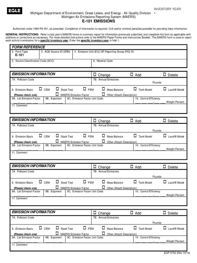 Fillable Online MAERS E-101 Emissions Form (EQP 5753). MAERS E-101 ...
