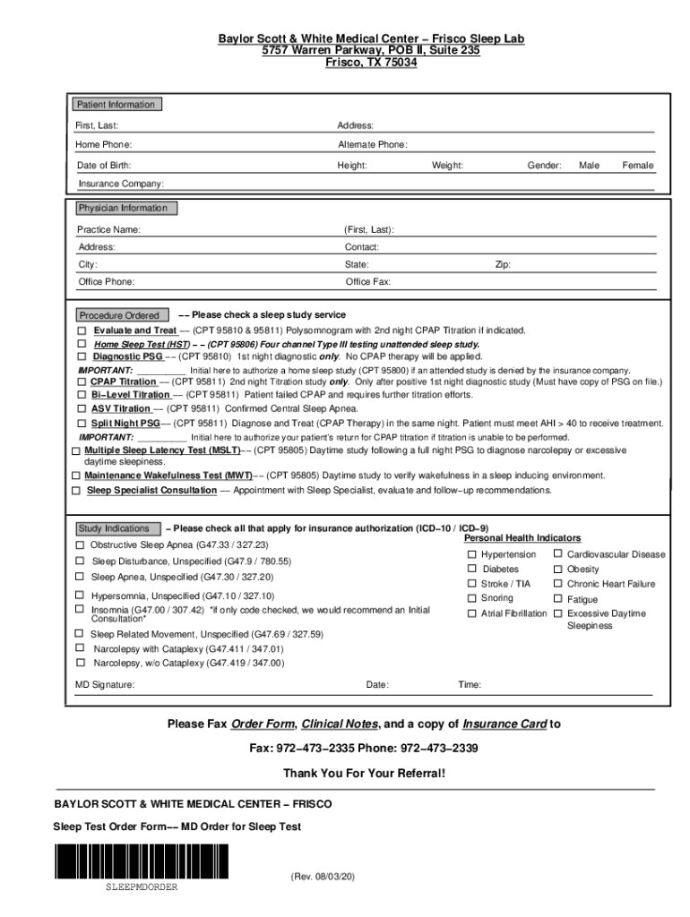 Fillable Online Baylor Scott & White Medical Center Frisco Sleep Lab 5757 ... Fax Email Print ...