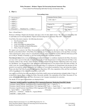 Fillable Online Reliance Nippon Life Increasing Income Insurance Plan ...