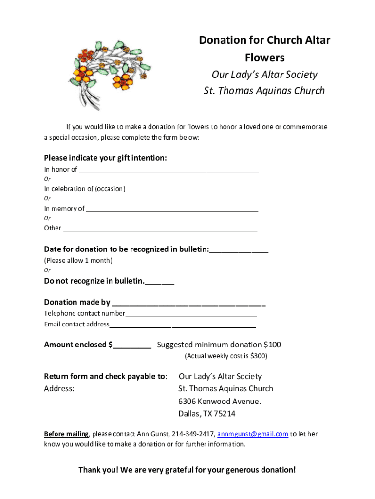 Fillable Online Altar Flower DonationSt. Thomas Aquinas Catholic Church ...