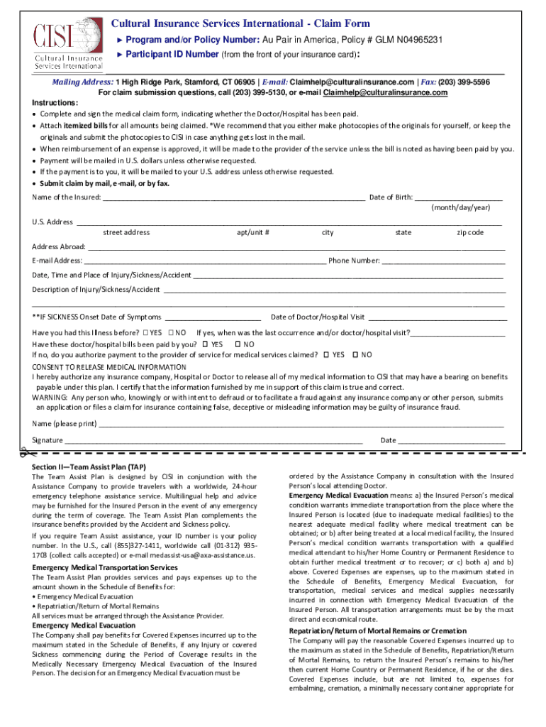 Fillable Online CISI Claim Information Fax Email Print - pdfFiller