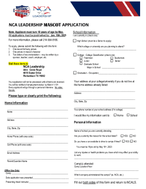 Fillable Online NCA LEADERSHIP MASCOT APPLICATION - Varsity.com Fax ...