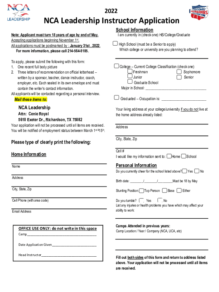 Fillable Online NCA Leadership Instructor Application - Varsity.com Fax ...
