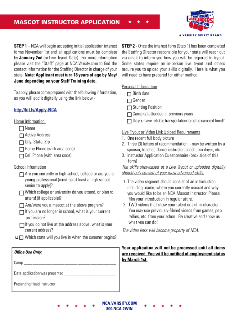 Fillable Online NCA Mascot Instructor Application - Varsity.com Fax ...