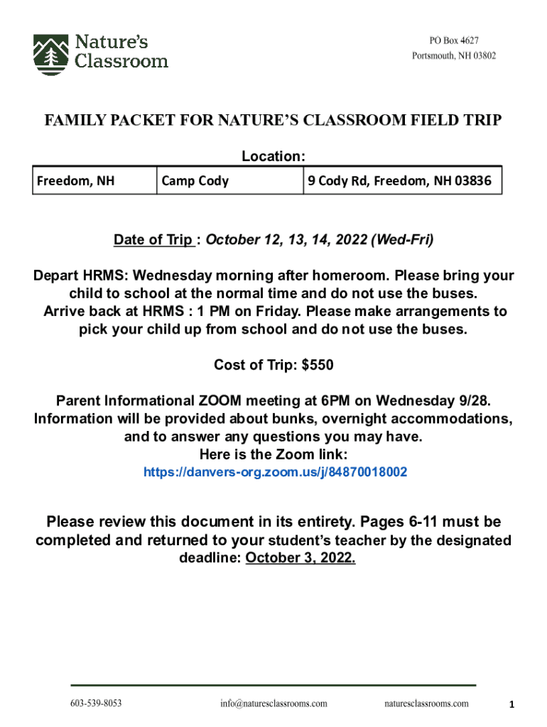 Fillable Online 22/23 Nature's Classroom Family Packet- Overnight ...
