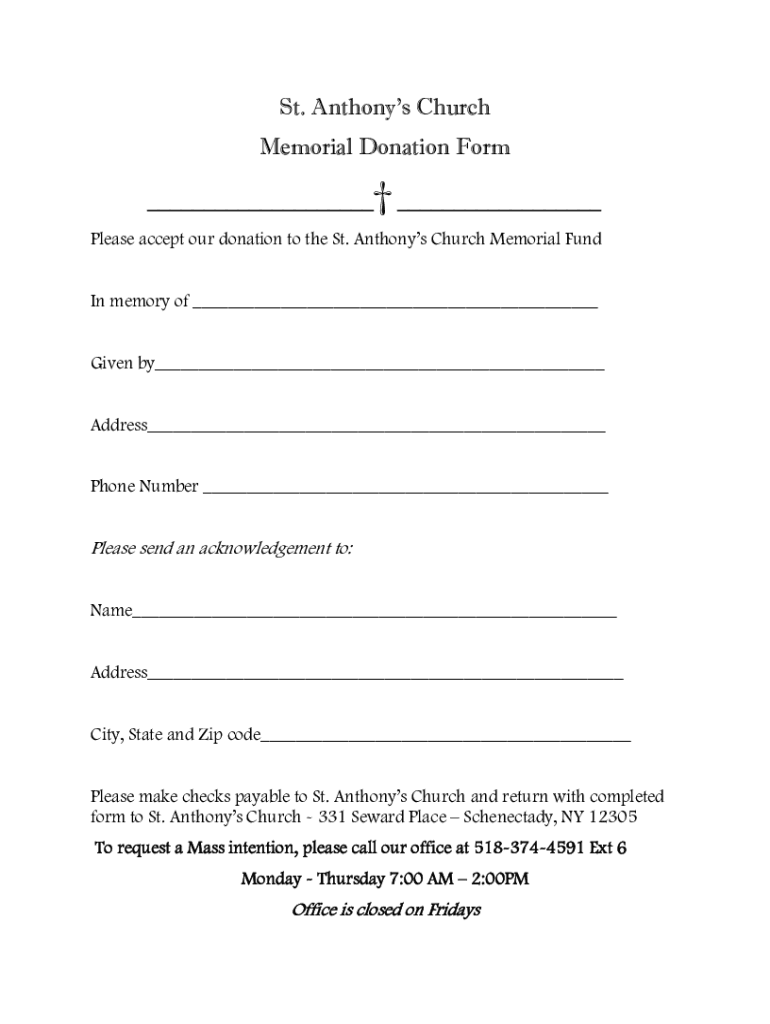 Fillable Online St. Anthony's Church Memorial Donation Form Fax Email ...