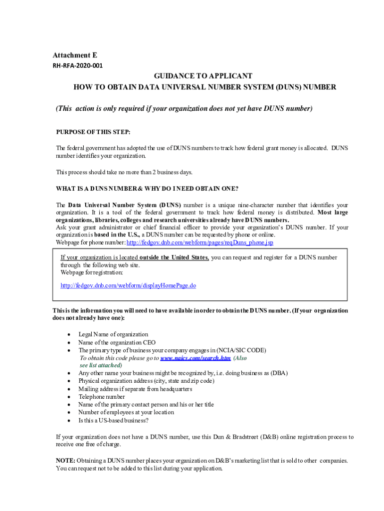 Fillable Online Attachment E - Guidance to Applicant How to Obtain DUNS ...