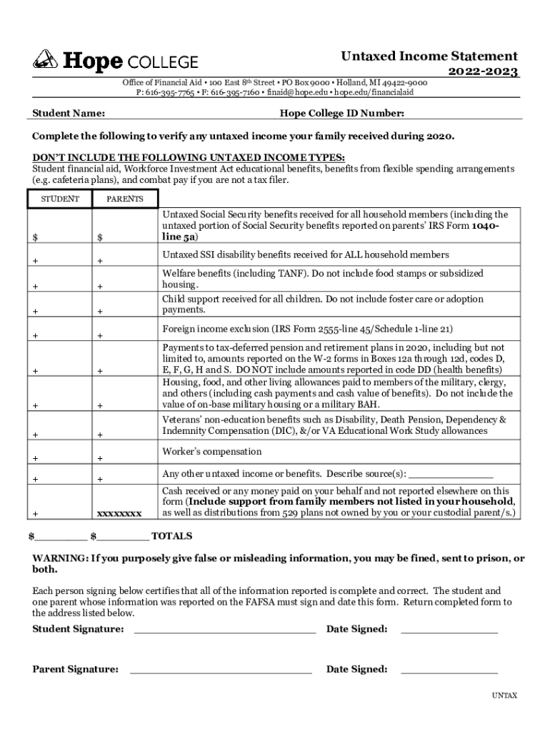 Fillable Online Untaxed Income Statement 2022-2023 - Student Name: Fax Email Print - pdfFiller