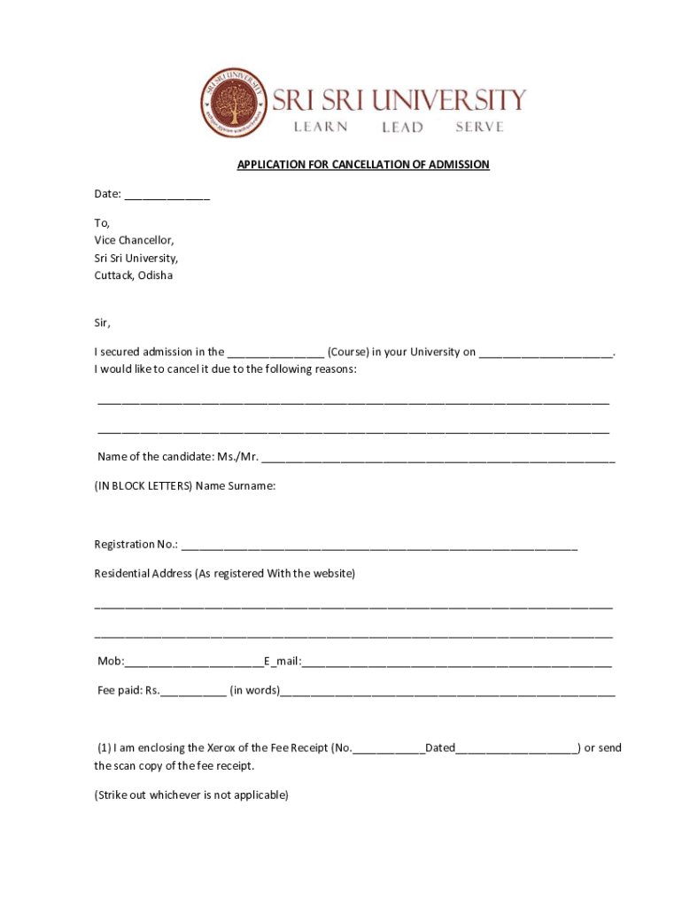 Fillable Online srisriuniversity edu SSU Cancellation Form - Sri Sri ...
