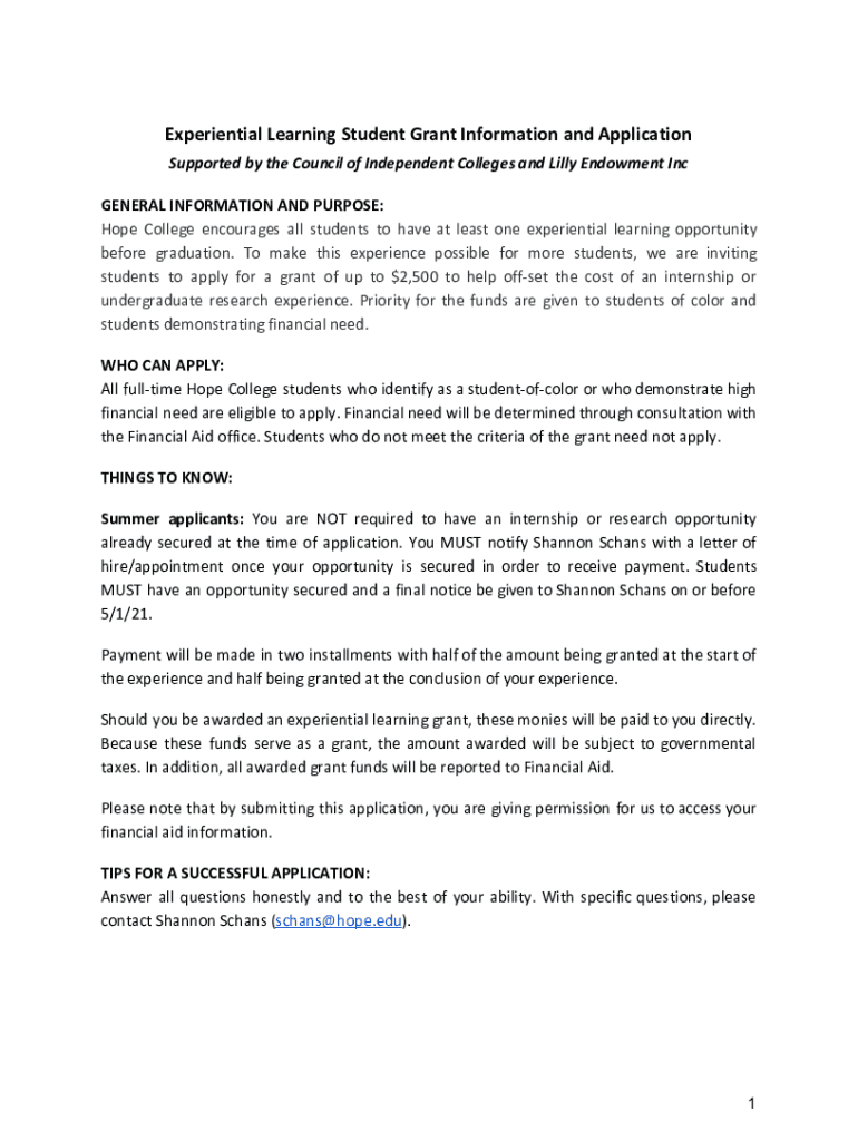 Fillable Online Experiential Learning Student Grant Information and ...