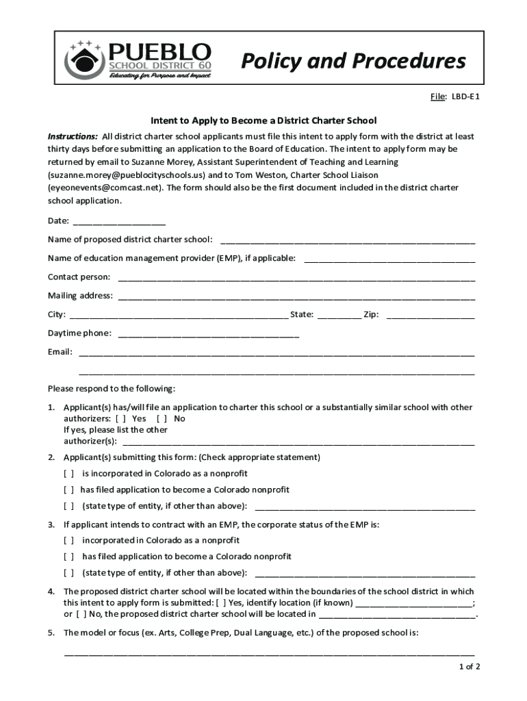 Fillable Online LBD-E1 Charter School Intent to Apply Form Fax Email ...