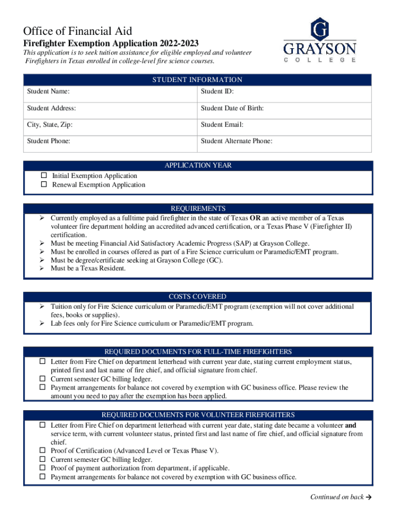 Fillable Online Office of Financial Aid - Firefighter Exemption ...