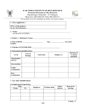 Fillable Online ICAR- INDIAN INSTITUTE OF RICE RESEARCH (Formerly ...