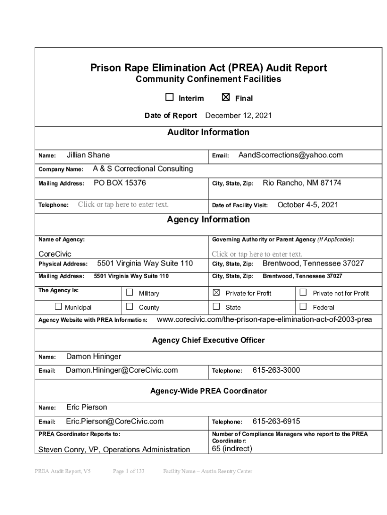 Fillable Online prea audit report - community confinement facilities ...
