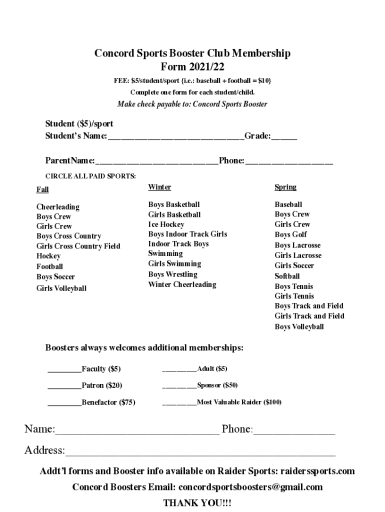 Fillable Online 2021-2022 Highland Athletic Boosters Membership Form Fax Email Print - pdfFiller