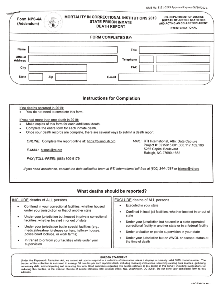 Fillable Online State Prison Inmate Death Report Form NPS-4A Addendum ...