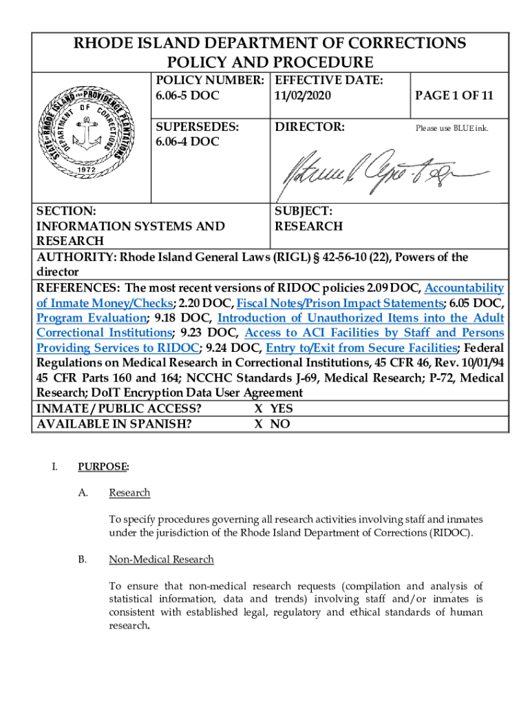Fillable Online doc ri RHODE ISLAND DEPARTMENT OF CORRECTIONS POLICY ...