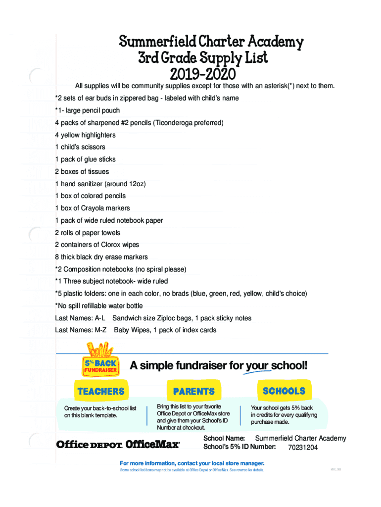Fillable Online School Supply lists are now... - Summerfield Charter ...