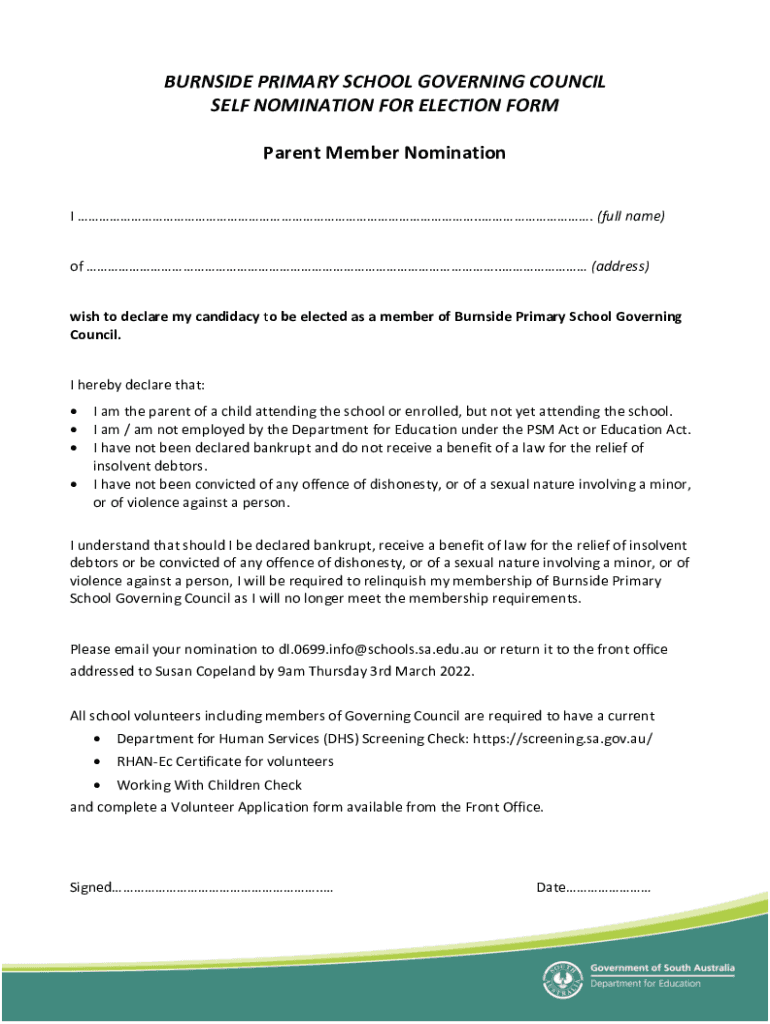 Fillable Online self nomination for election form. Fax Email Print ...