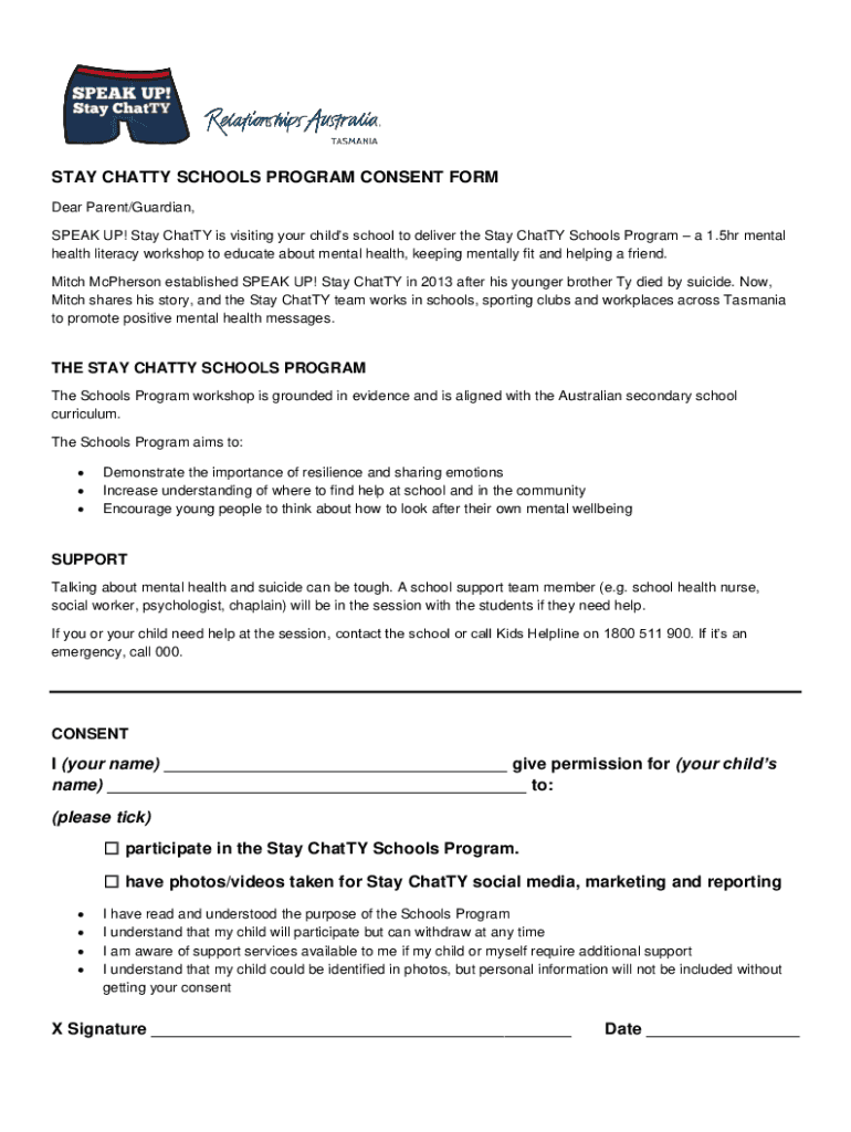 Fillable Online Stay ChatTY Schools Program Consent Form Fax Email ...