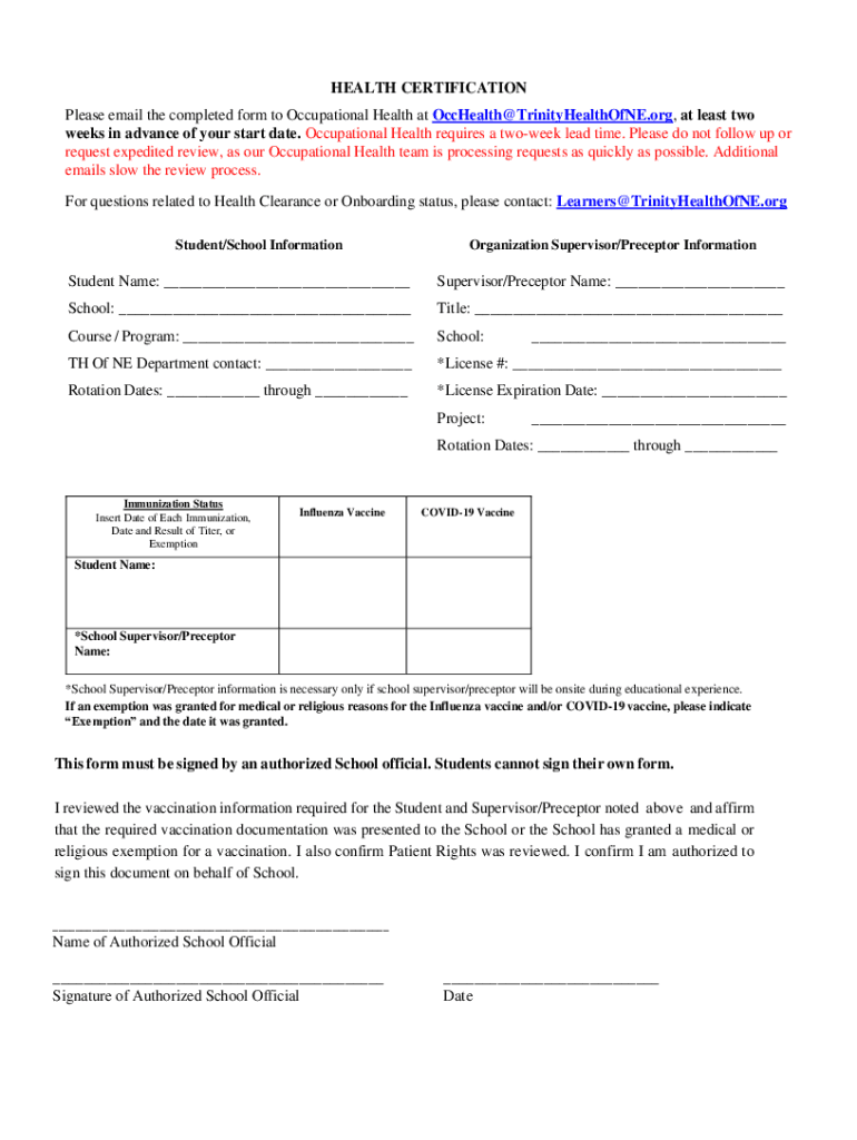 Fillable Online Print Occupational Health Form - Trinity Health Of New ...