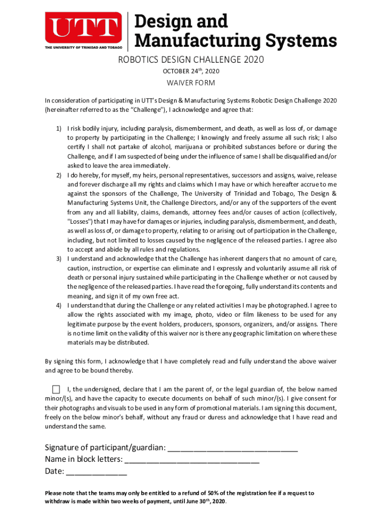 Fillable Online In consideration of participating in UTTs Design & Manufacturing Systems Robotic ...