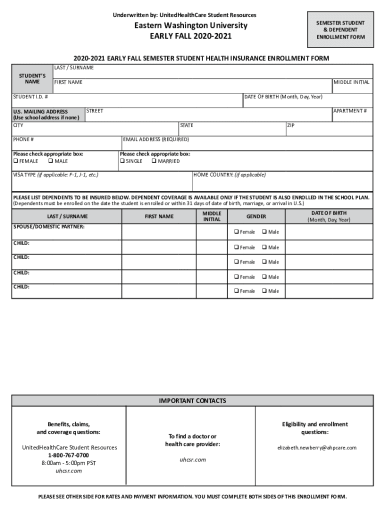 Fillable Online EWU Enrollment Form 19-20. Enrollment Form Fax Email ...