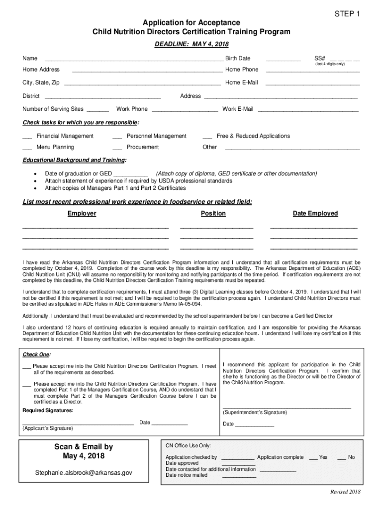 Fillable Online Application for Acceptance Child Nutrition Directors ...
