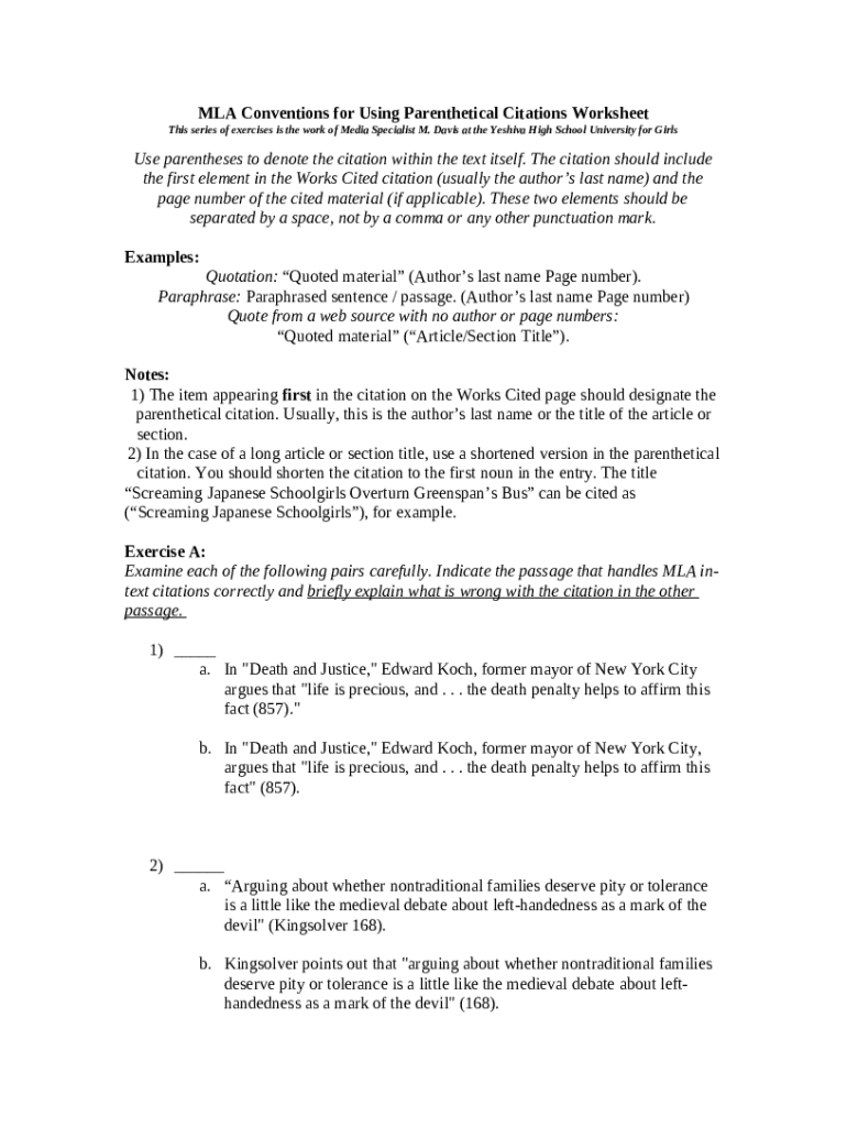 Mla Conventions For Using Parenthetical Citations Worksheet ... Doc ...