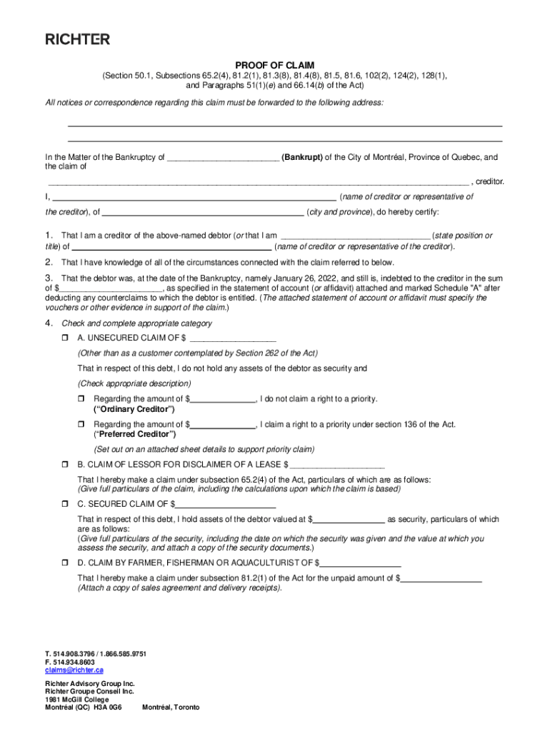 Fillable Online PROOF OF CLAIM (Section 50.1, Subsections 65.2(4), 81.2 ...