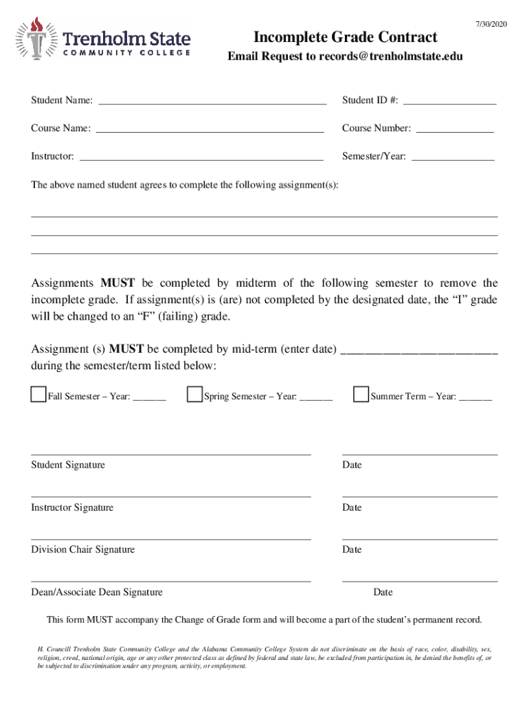 Fillable Online Incomplete Grade Contract - Trenholm State Community College Fax Email Print ...
