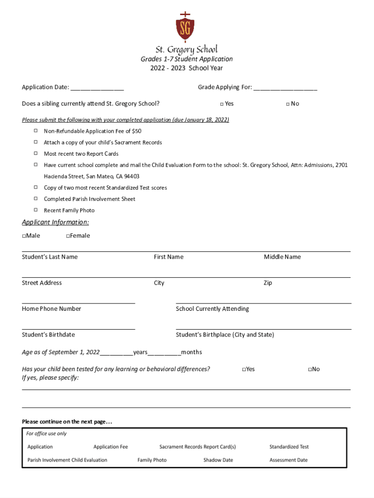 Fillable Online St. Gregory the Great SchoolPre-K through Grade 8 ... Fax Email Print - pdfFiller