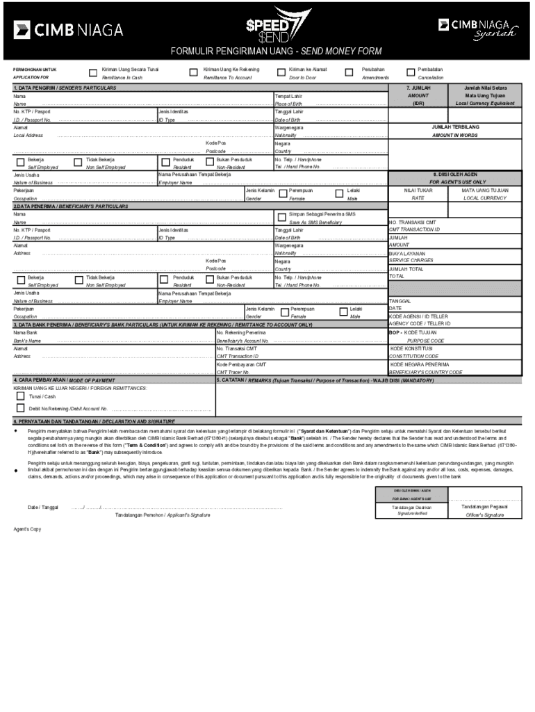 Fillable Online FORMULIR PENGIRIMAN UANG - SEND MONEY FORM Fax Email ...
