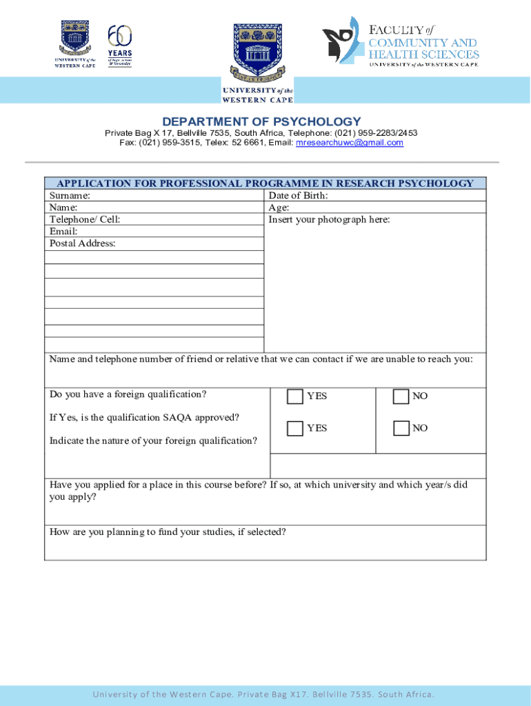 Fillable Online Department of Psychology PeopleUWC Fax Email Print ...
