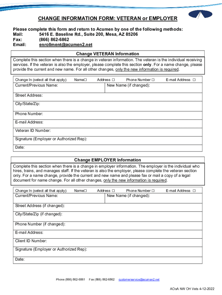 Fillable Online OH AAA7 Veteran & Employer Change Information Form Fax ...