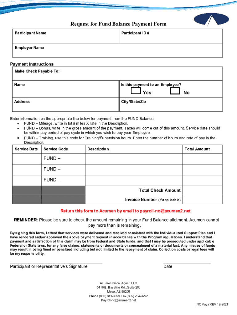 Fillable Online Request for Fund Balance Payment Form - Acumen Fiscal ...
