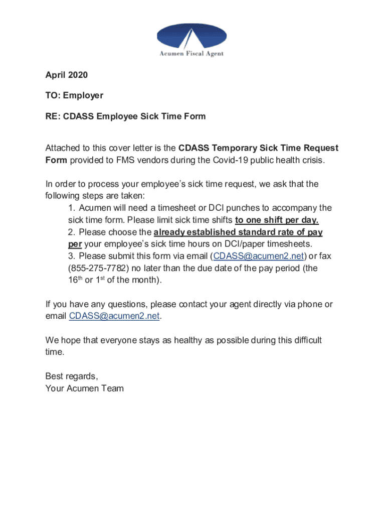 Fillable Online CDASS Employee Sick Time Form - Acumen Fiscal Agent Fax ...