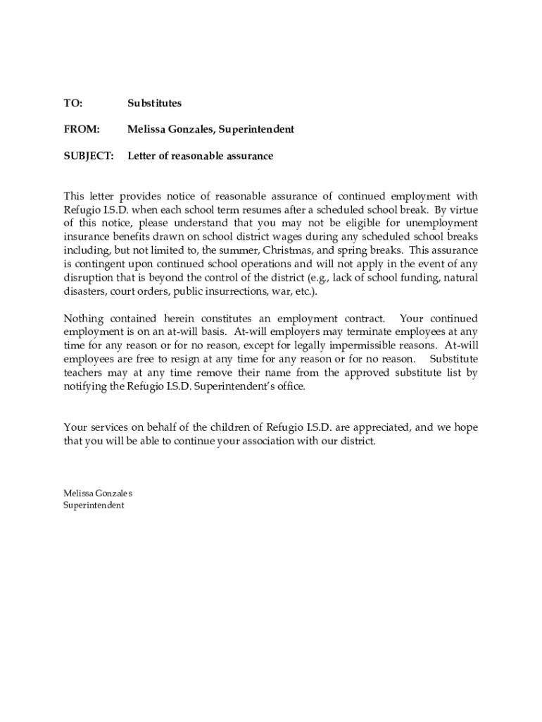 Fillable Online Letter of Reasonable Assurance for Substitute Employees ...