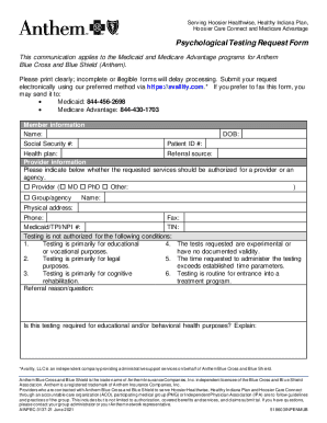 Fillable Online Psychological Testing Request Form - Anthem Providers ...