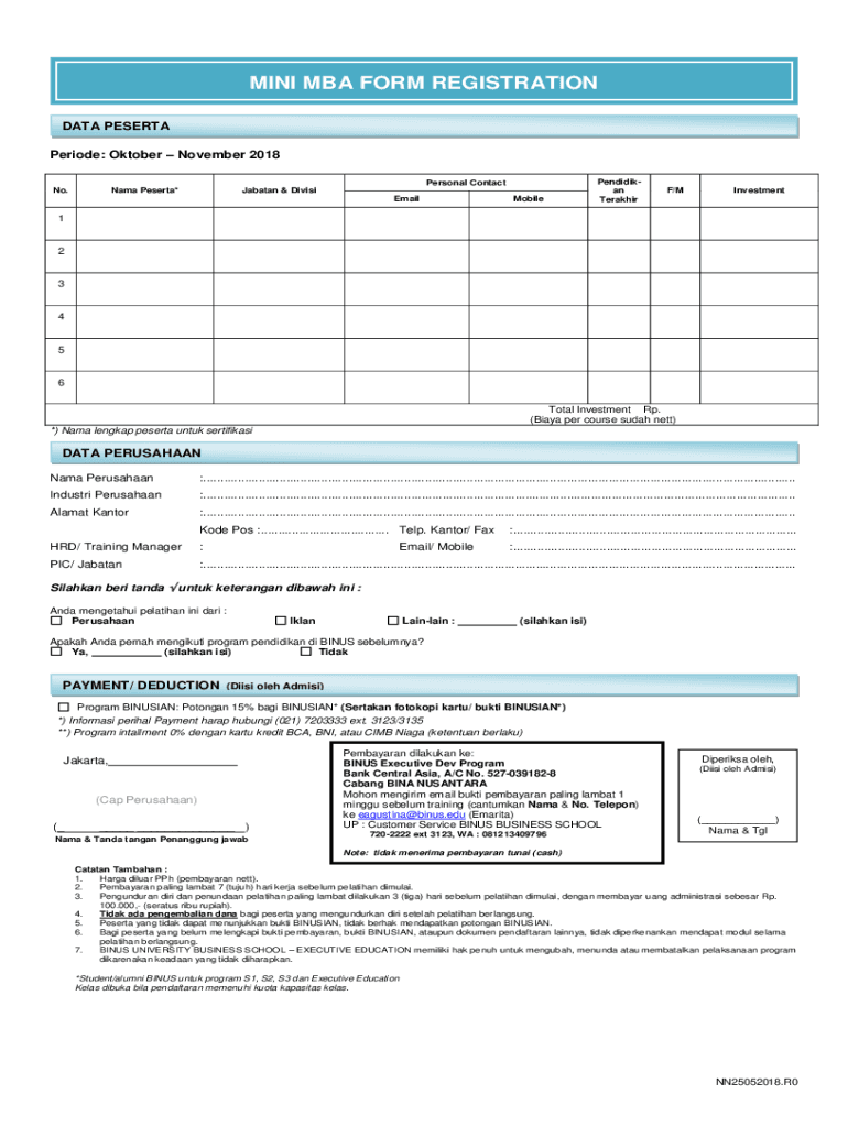Fillable Online MINI MBA FORM REGISTRATION - BINUS Business School Fax Email Print - pdfFiller